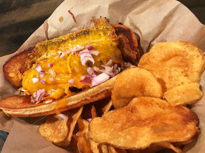 This hot dog got dressed up for dinner with mustard, onions, and enough toppings to require structural engineering.