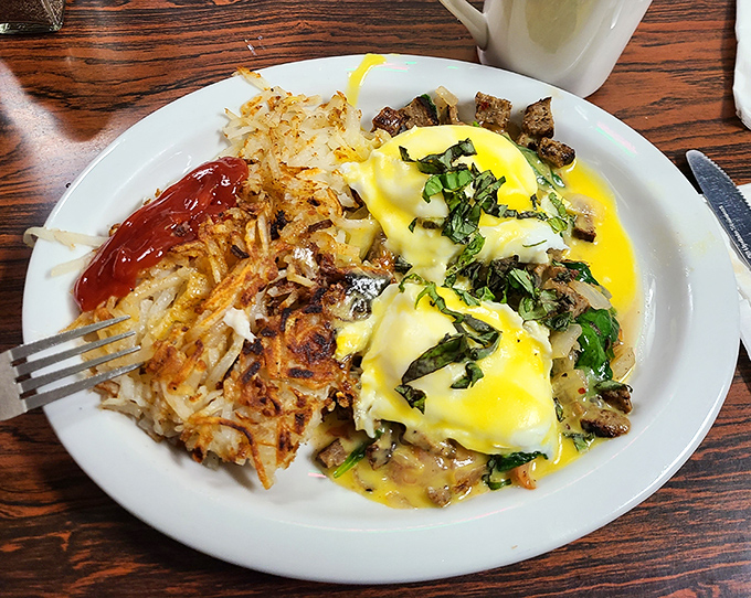 The Denver omelet arrives looking like it just won the breakfast lottery, golden and glorious.