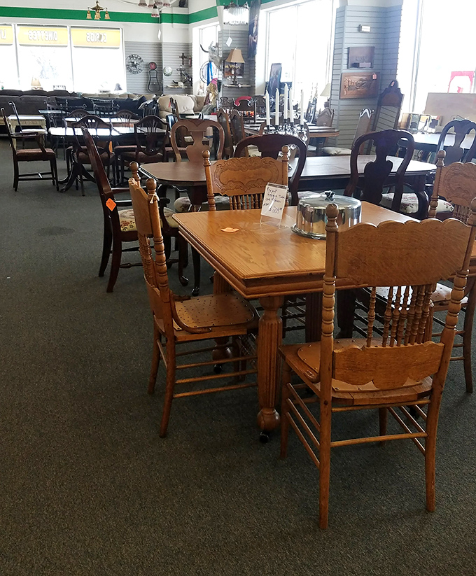 Dining sets lined up like contestants in a beauty pageant, each one silently whispering, "Pick me, I've got stories to tell!"
