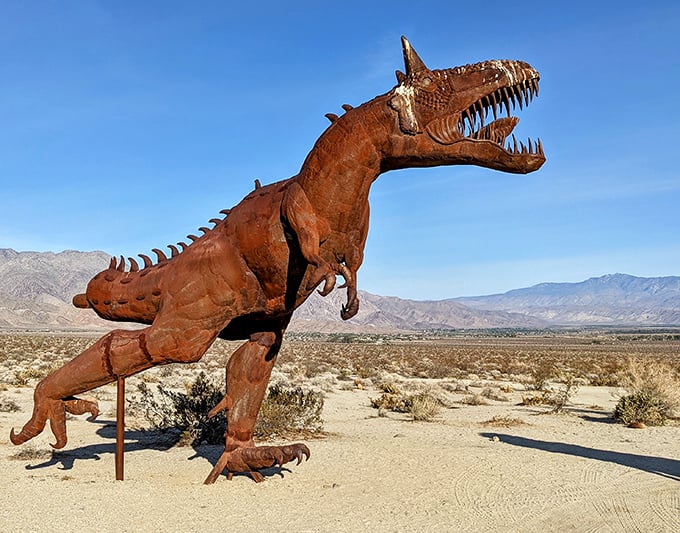 When Jurassic Park meets desert art installation! This T-Rex appears mid-roar, forever frozen in a moment of prehistoric drama.