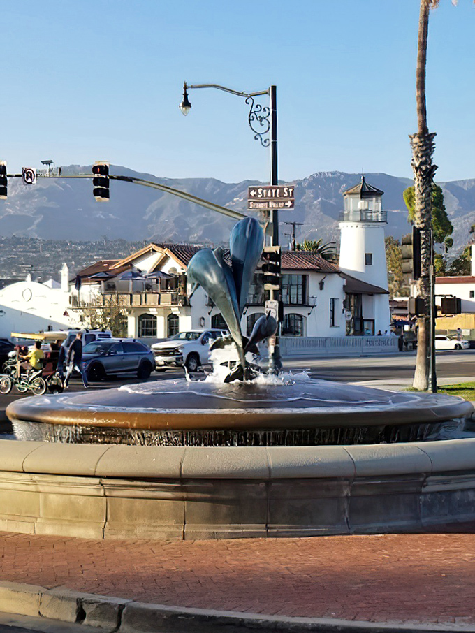 The dolphin fountain marks the spot where State Street meets the sea&mdash;a meeting point for locals who've mastered the art of looking busy while doing absolutely nothing.