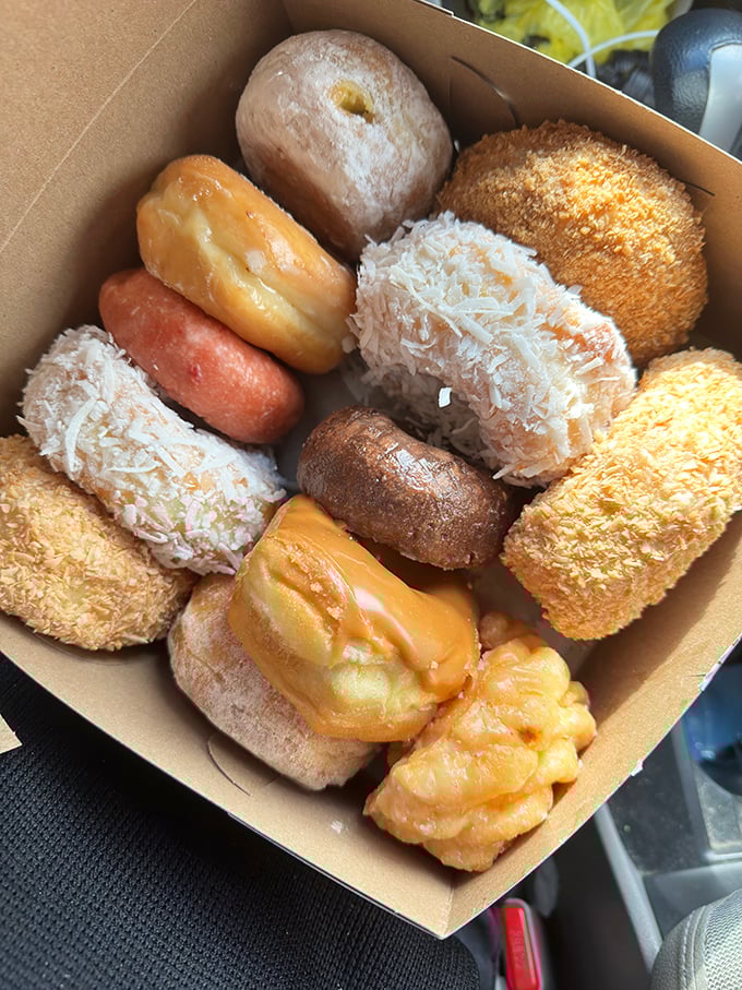 A rainbow of glazed perfection that would make Homer Simpson weep tears of pure joy.