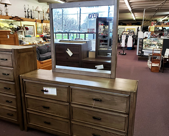 This dresser has seen more outfit changes than a Broadway production. Solid wood craftsmanship that's outlasted several fashion trends.