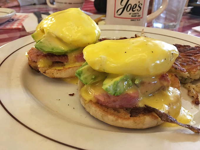 Eggs Benedict with avocado: where classic brunch meets California innovation, resulting in a golden hollandaise waterfall that makes Monday mornings bearable again.
