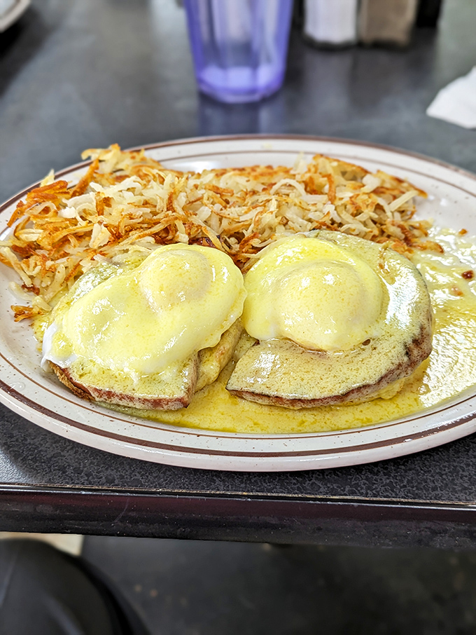 Eggs Benedict done right&mdash;hollandaise cascading like a golden waterfall. Whoever Benedict was, he'd be proud of this morning masterpiece.