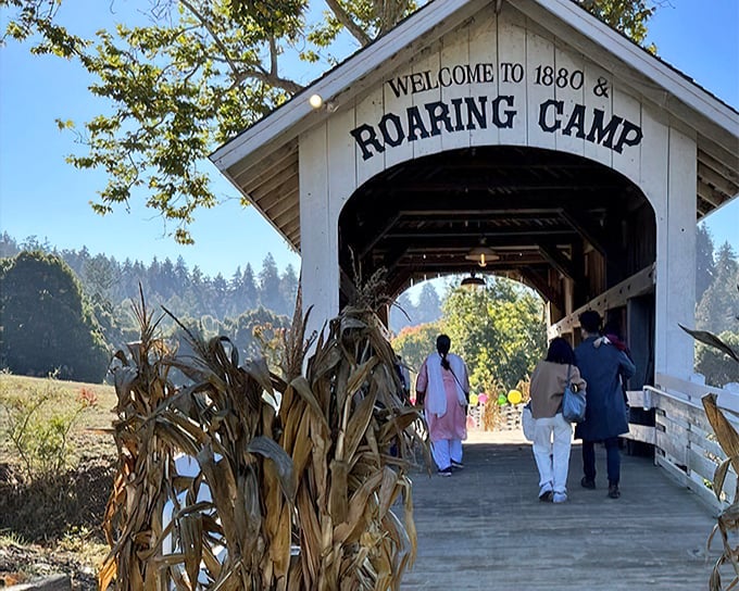 "Welcome to 1880s Roaring Camp"&mdash;a covered bridge entrance that might as well be a portal to California's logging heyday.
