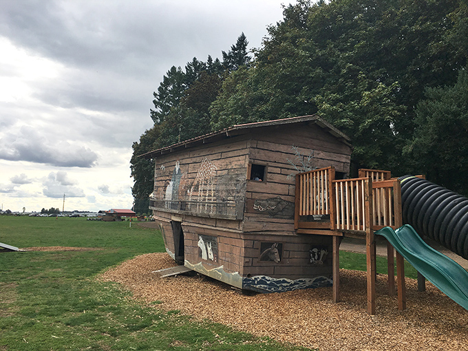 This whimsical wooden play structure at Fir Point Farms proves that even playgrounds had more character back in the day.