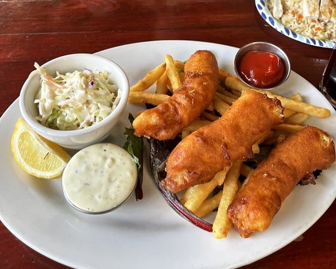 Fish and chips that would make a British pub jealous &ndash; golden-battered fish with a satisfying crunch that gives way to flaky tenderness.