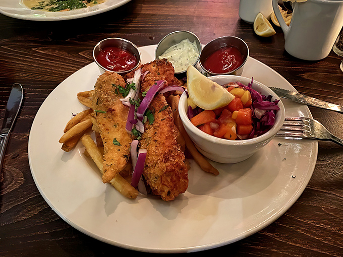 Fish and chips that would make a British pub jealous, with a slaw that adds a California twist to this classic comfort food.