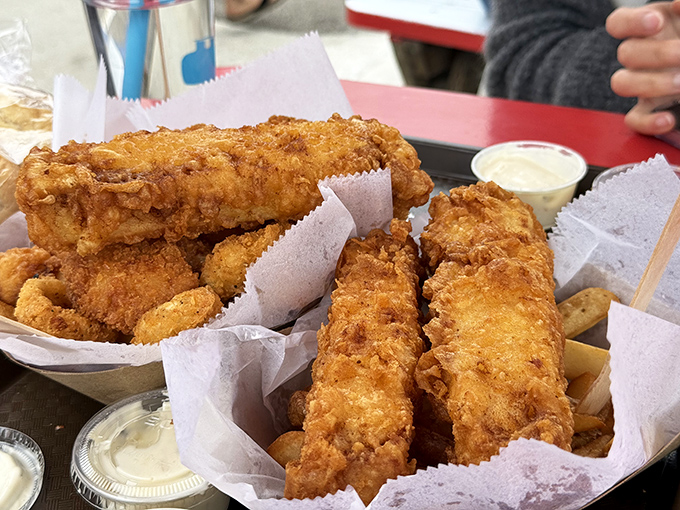 Golden-battered fish and chips that would make the British weep with joy. Crispy outside, flaky inside&mdash;the way the seafood gods intended.