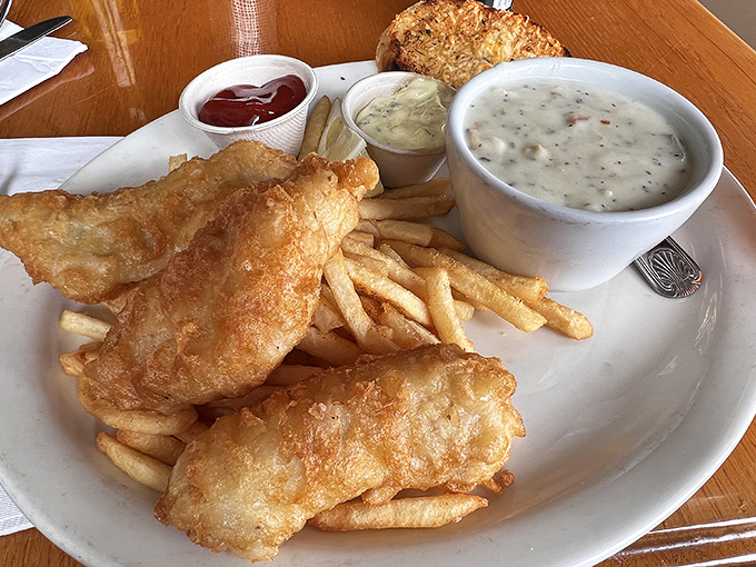 The star attraction: golden-battered fish and chips with a side of clam chowder that could make a New Englander jealous.