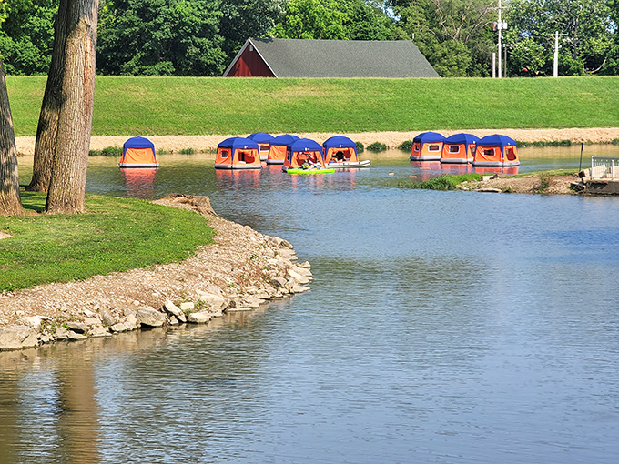 Nothing says "summer in small-town America" quite like these colorful paddle boats waiting for families to create ripples and memories.