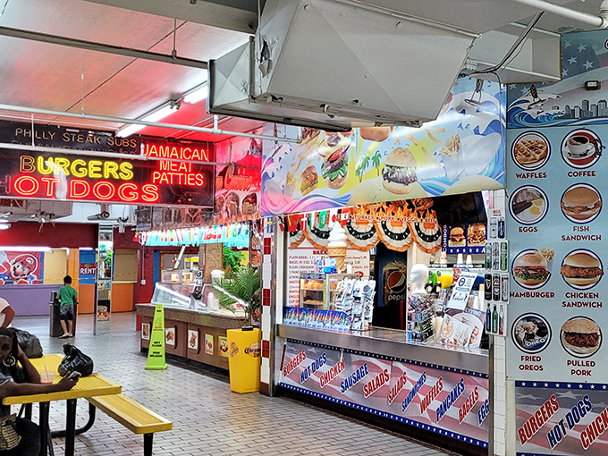 Food court heaven where Philly cheesesteaks meet Jamaican patties in delicious multicultural harmony that works.