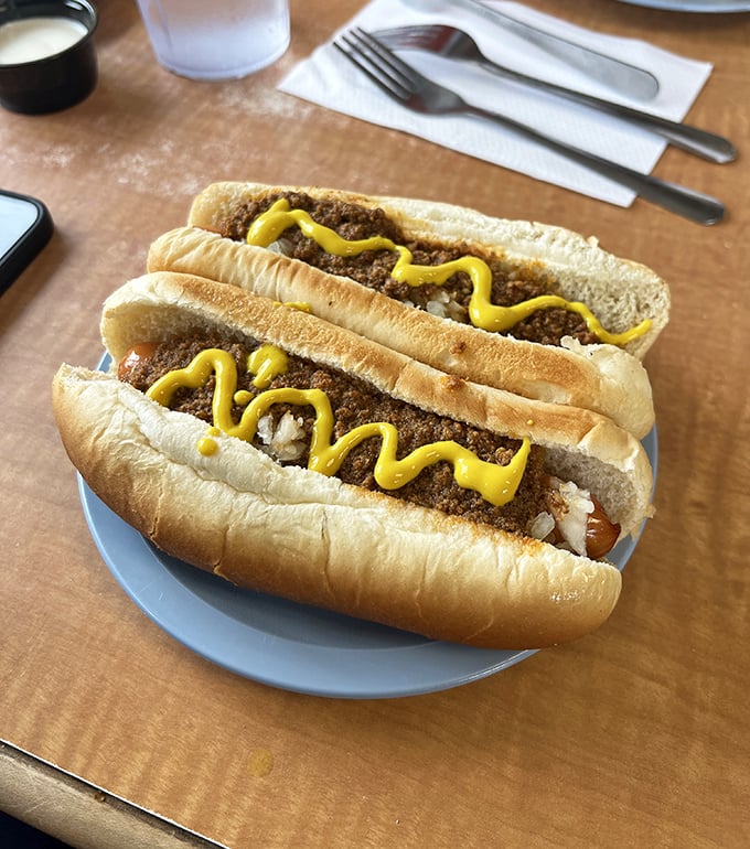 Two chili dogs with that perfect zigzag of mustard&mdash;the universal symbol for "you're about to have a really good time."