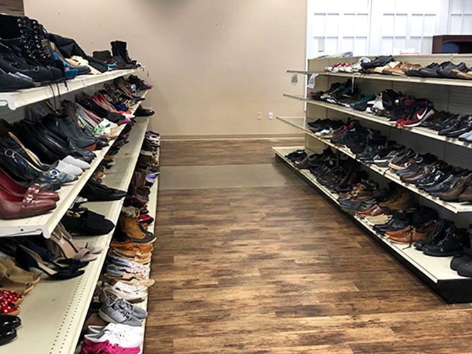 The footwear aisle: where hiking boots that summited someone else's mountain await your next adventure. Shoe shopping without the sticker shock!