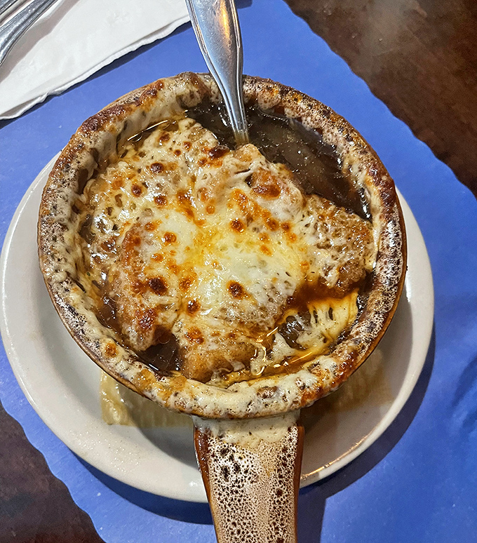 French onion soup that doesn't just warm your body but hugs your soul&mdash;that cheese pull is what dreams are made of.