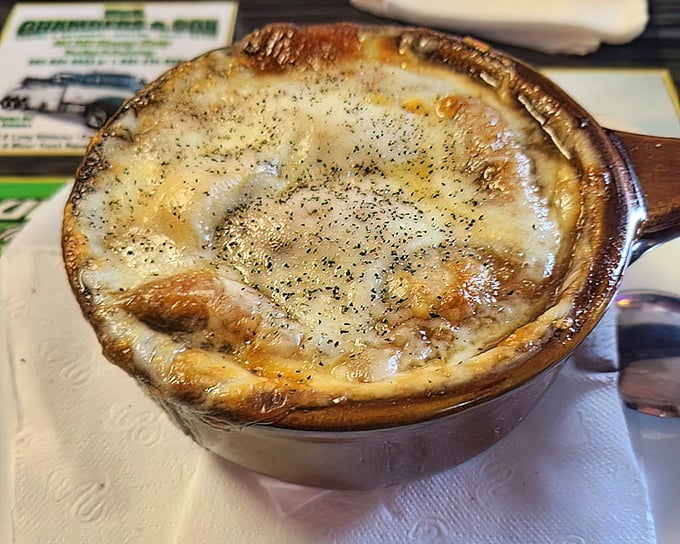 This isn't just French onion soup&mdash;it's a bubbling cauldron of comfort topped with a cheese lid that deserves its own zip code.