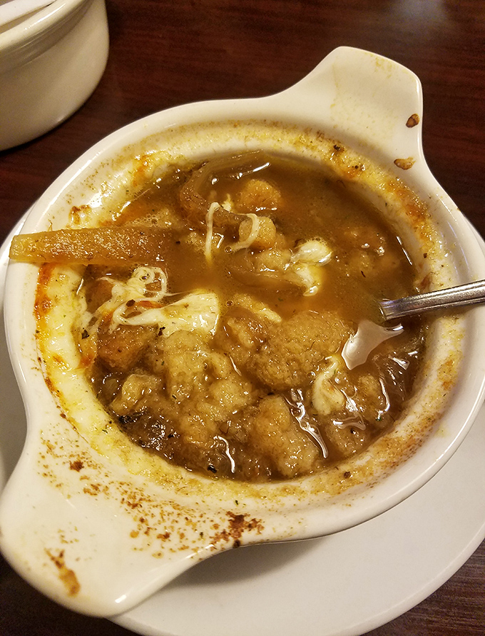 French onion soup that doesn't mess around &ndash; a rich, savory broth with caramelized onions and croutons that have soaked up all that glorious flavor.