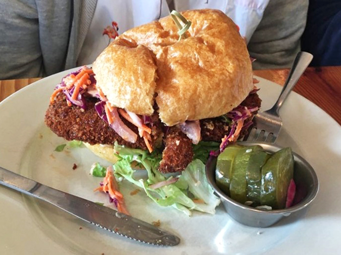A sandwich so crispy and substantial it begs the question: who needs chicken when plant-based alternatives can deliver this kind of satisfaction?