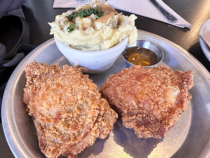 Golden fried perfection served with creamy mashed potatoes &ndash; this is what chicken dreams are made of.