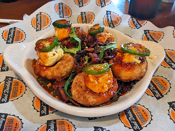 Not your grandmother's deviled eggs unless grandma was secretly a culinary rebel who loved crispy coatings and spicy toppings.