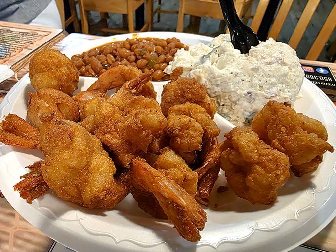 These fried shrimp aren't just golden&mdash;they're the Olympic gold medalists of the seafood world, accompanied by their faithful sidekicks: hushpuppies, beans, and coleslaw.