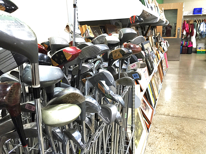 A golf club forest where duffers and pros alike can find their next lucky club. Tiger Woods probably didn't donate these, but hey, a bargain hunter can dream.