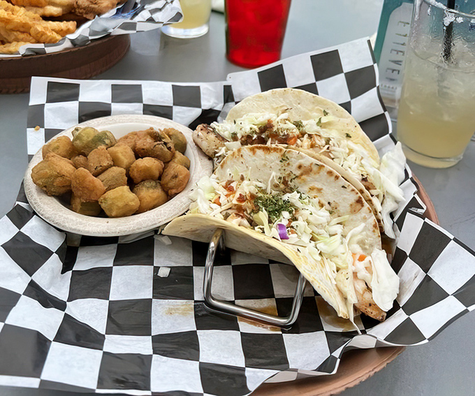 These tacos don't need passports to transport you&mdash;fresh shrimp, crunchy slaw, and that side of fried okra is pure Southern comfort.