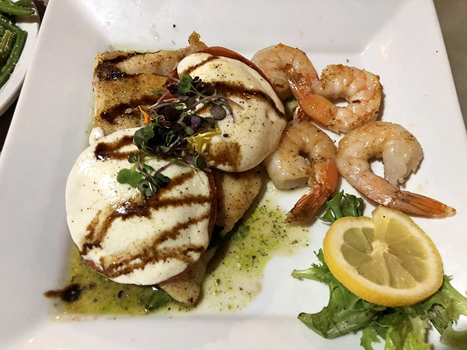 Fresh Gulf shrimp nestled alongside grilled grouper and fresh mozzarella&mdash;a coastal twist on caprese that makes you wonder why this isn't on menus everywhere.