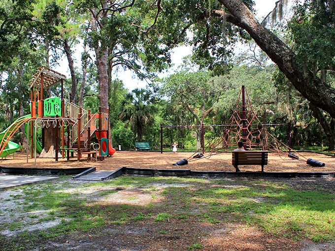 Hammock Park's playground sits under a natural canopy of Florida's native trees, where kids can burn energy while parents enjoy actual shade&mdash;a Florida miracle.