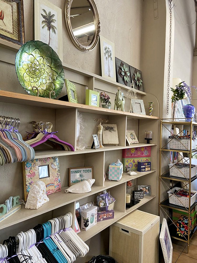 Shelves that tell stories of Florida homes past and present. That green decorative plate has probably witnessed more dinner parties than a catering company.