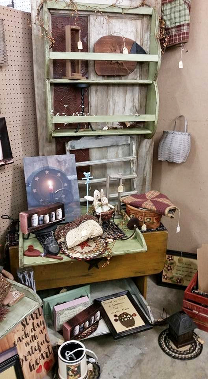 Farmhouse chic before it was trendy. This weathered green shelf has survived longer than most marriages and still has stories to tell.
