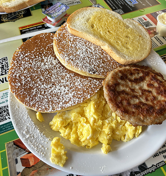 Pancakes so perfectly golden they deserve their own Instagram account. The potato pancake is the unsung hero of this magnificent breakfast ensemble.