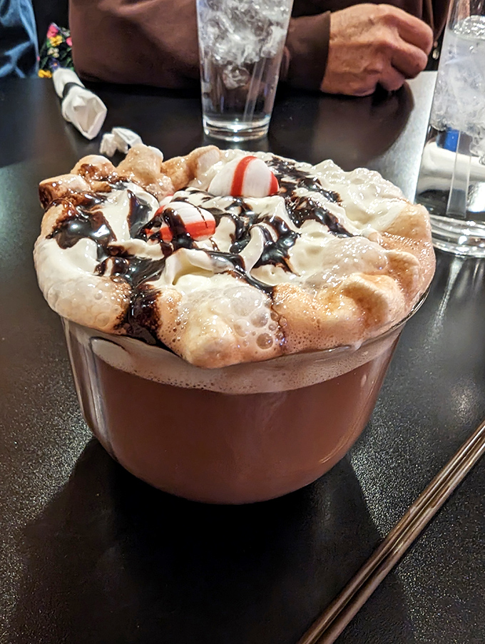 This isn't just hot chocolate&mdash;it's a dessert masquerading as a beverage. Topped with whipped cream, chocolate drizzle, and what appears to be peppermint candies.