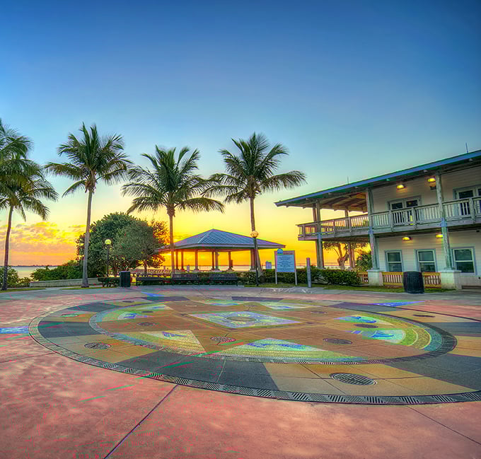 Indian Riverside Park's mosaic plaza captures sunset colors year-round. Even when the sun's elsewhere, this spot keeps the golden hour alive.