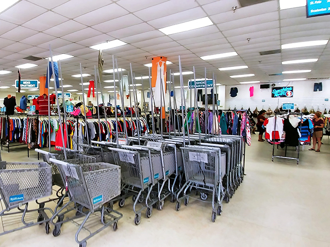 Shopping carts stand ready for the serious thrifters. Color-coded signs overhead guide you through departments like trail markers on a fashion safari.