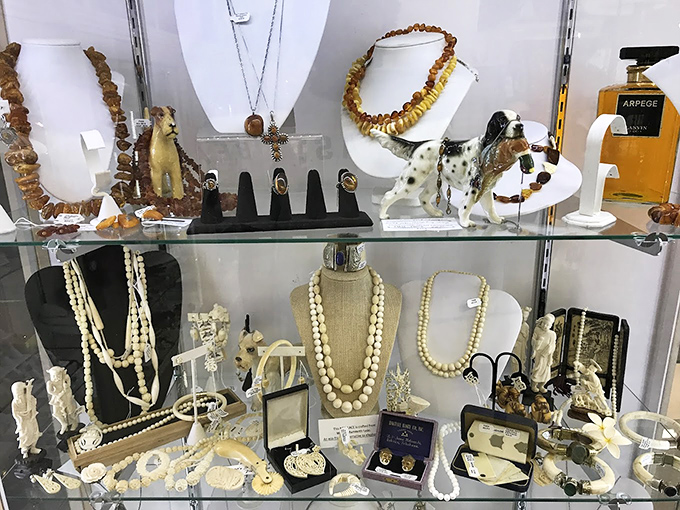 Pearls and porcelain puppies sharing the same display case? It's like Breakfast at Tiffany's meets The Secret Life of Pets.