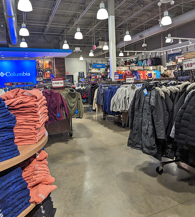 Columbia jackets stacked like a colorful mountain range of outdoor adventure possibilities.