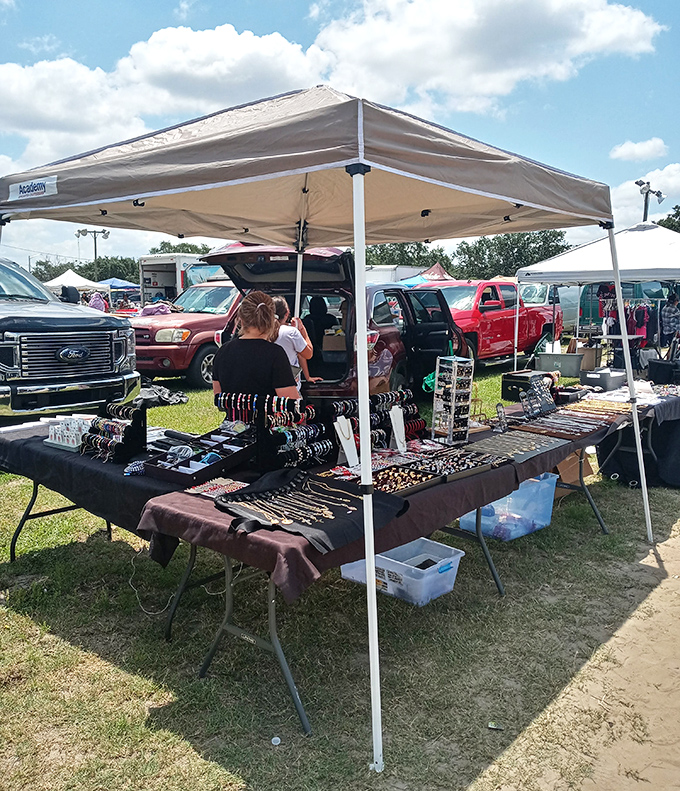 Jewelry shopping without the mall markup &ndash; this vendor's carefully arranged display transforms a folding table into a boutique experience.