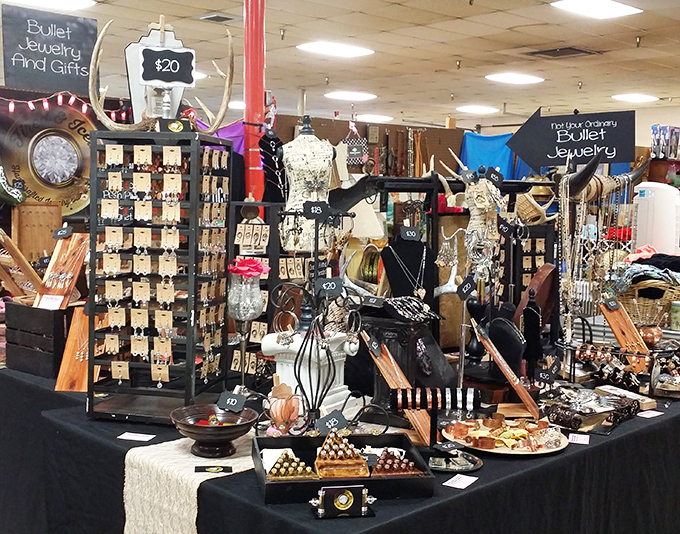 This jewelry display transforms ordinary bullet casings into wearable conversation pieces—proving one person's discarded item becomes another's fashion statement.