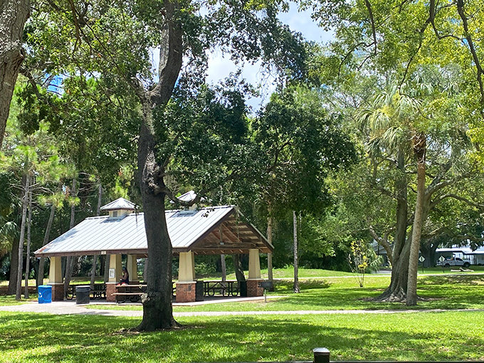 This picnic pavilion waits patiently for your family gathering. Surrounded by majestic oaks draped in Spanish moss, it's Mother Nature's party venue.