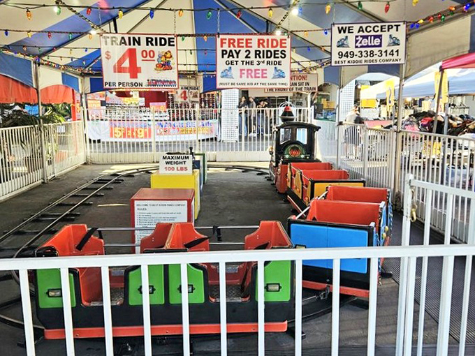 The mini train ride offers kids a break from shopping while parents strategize their next bargain-hunting move.