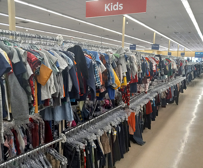 The kids' clothing section stretches to the horizon, a colorful testament to how quickly little ones outgrow perfectly good dinosaur t-shirts and princess dresses.