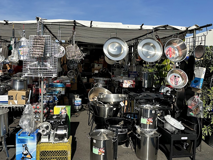 Pots and pans hanging like metallic fruit, ready to be harvested by home chefs who know a bargain when they see one.