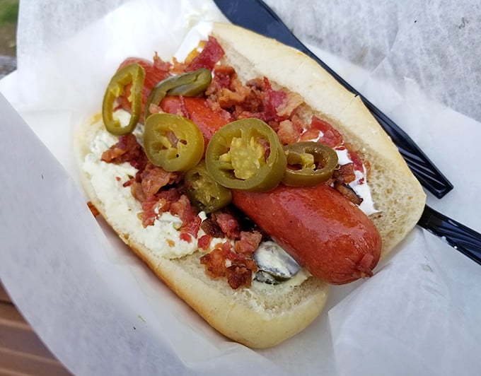 Not just any hot dog&mdash;this is edible architecture, where jalape&ntilde;os, bacon and cream cheese create a savory skyscraper of satisfaction.
