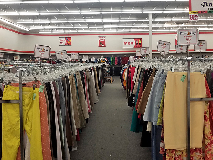 The clothing aisles stretch like urban canyons of possibility. Each hanger holds someone's past and your potential future outfit. 