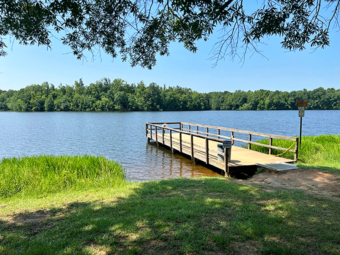 This wooden dock stretches into Lake Reidsville like an invitation to adventure&mdash;or at least a really good fishing story. 