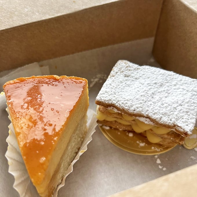 A silky leche flan alongside a powdered napoleon that whispers, "Diet tomorrow, indulge today." The perfect pairing for your afternoon existential crisis.