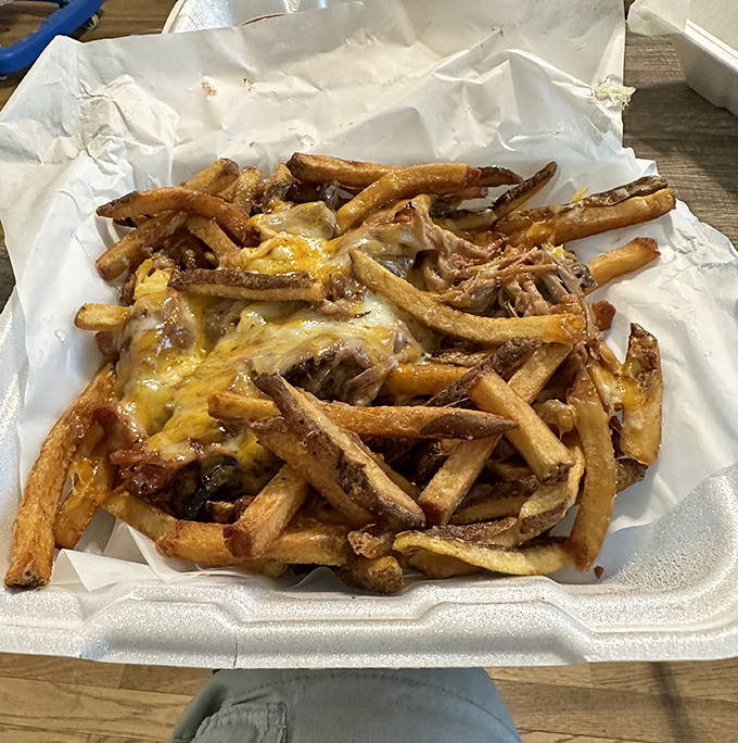 Loaded fries that blur the line between side dish and main event. The cheese pulls longer than a guitar solo at a rock concert.