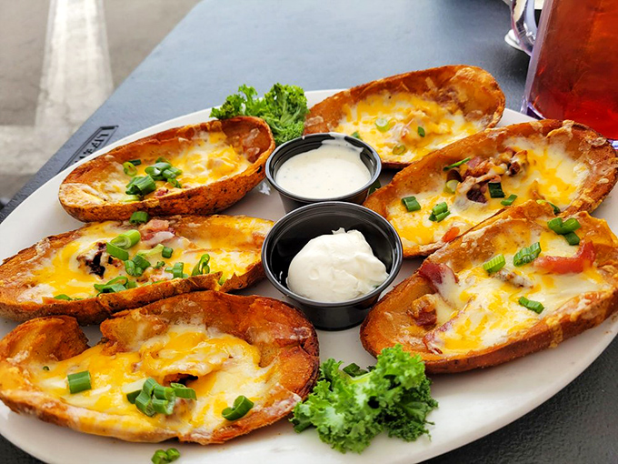 Potato skins: where the humble spud transforms into a vessel for melted cheese, bacon, and all things wonderful. These golden boats of deliciousness make the perfect shareable starter.